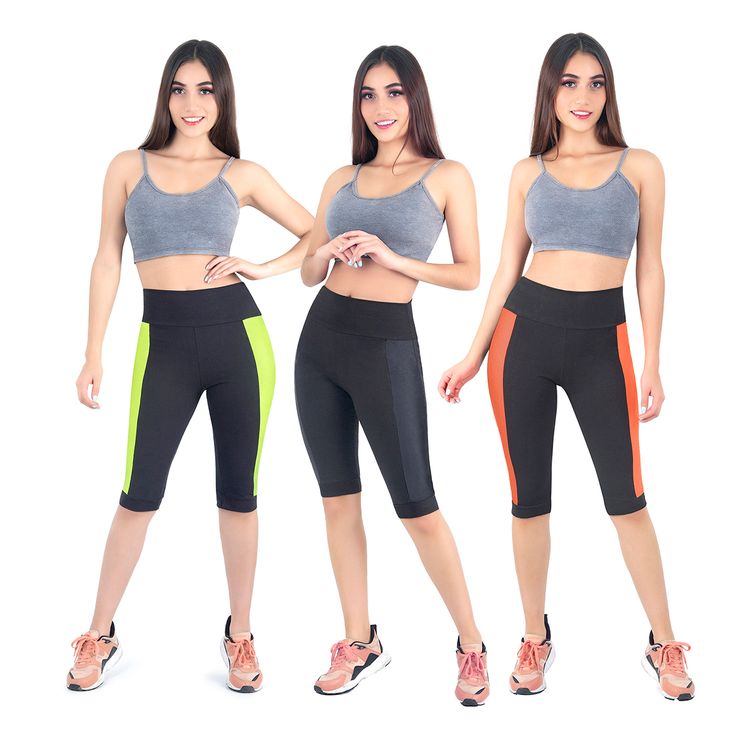 Tres capris deportivos Algodón y licra Negros con franja de colores ...